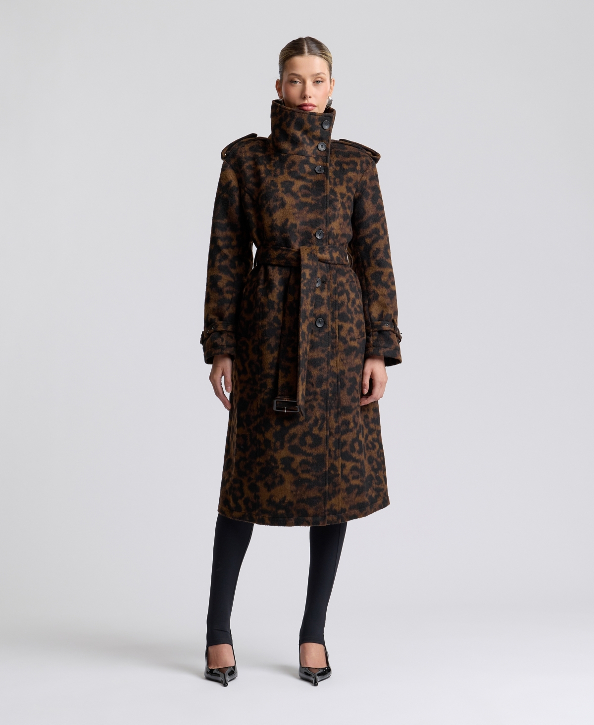 Click here for Avec Les Filles Womens Leopard Wool Trench Coat -... prices