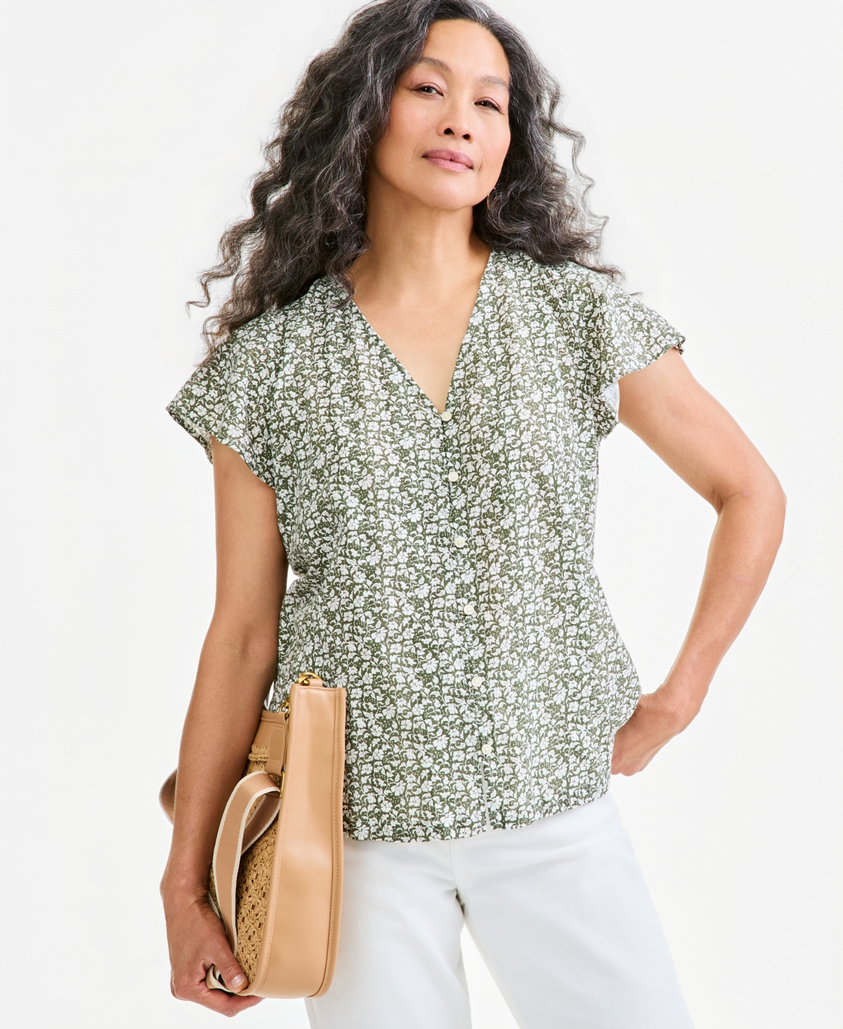 Click here for Style & Co Womens Printed V-Neck Flutter-Sleeve To... prices