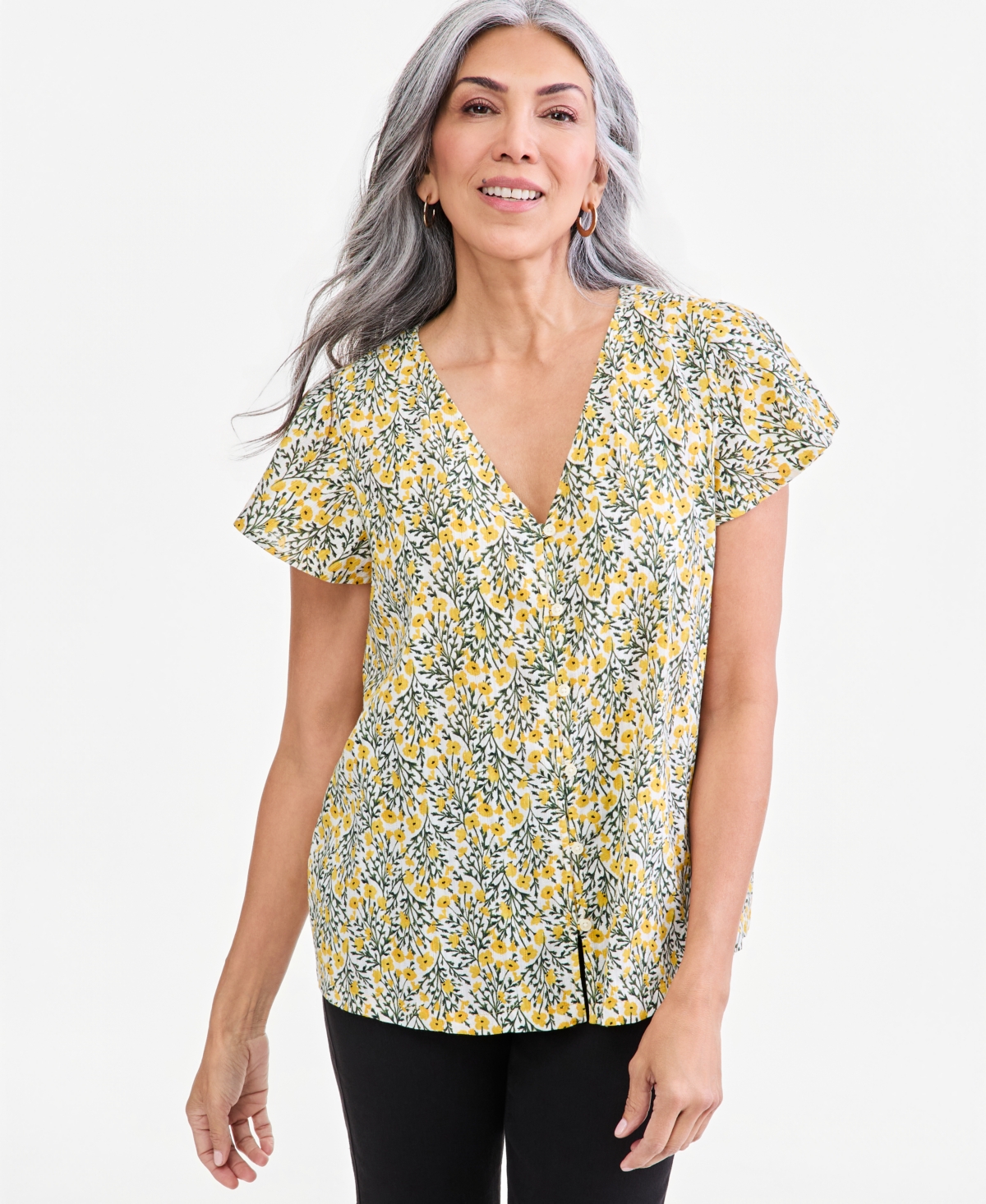 Click here for Style & Co Womens Printed Short Sleeve Flutter Blo... prices
