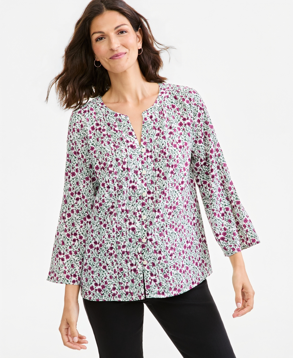 Click here for Style & Co Womens Floral Bell-Sleeve Pintuck Blous... prices