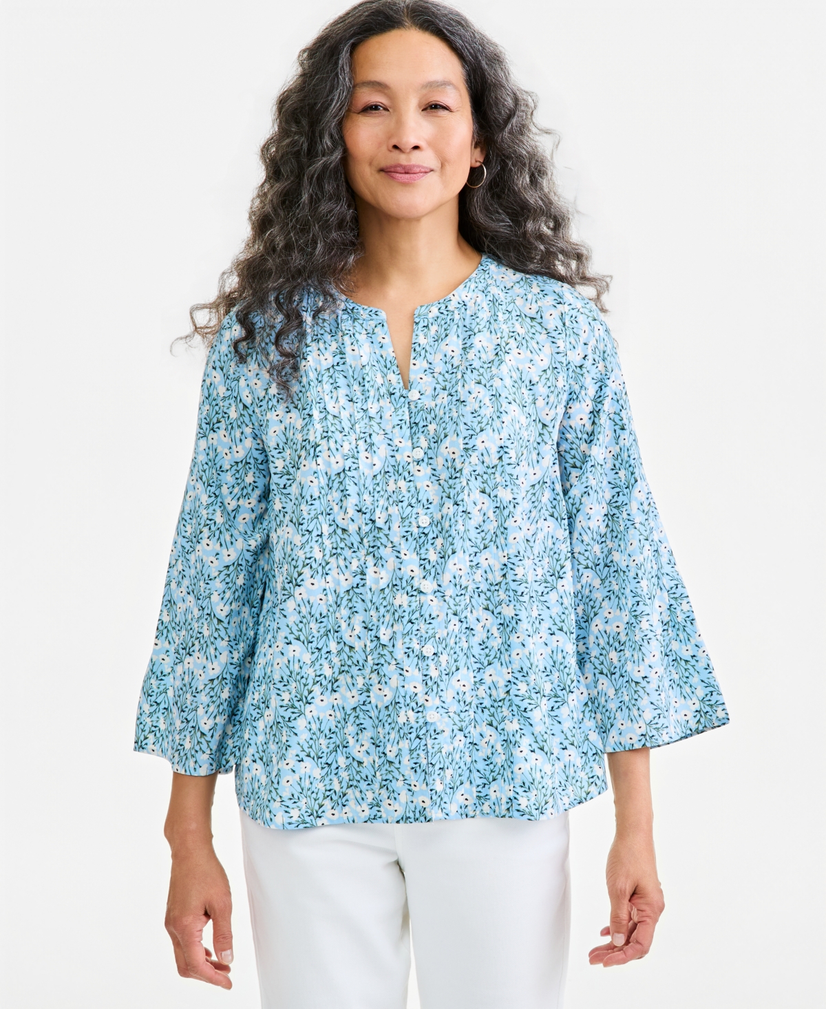 Click here for Style & Co Womens Floral Bell-Sleeve Pintuck Blous... prices