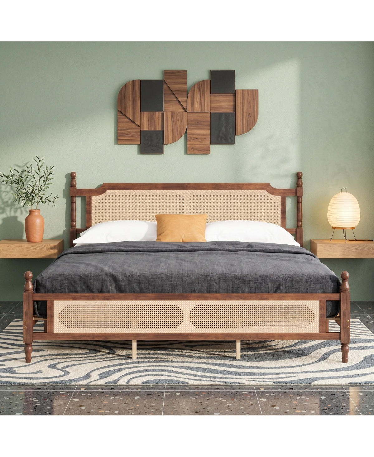 Click here for Sailvan Pine wooden Bed with Rattan Headboard and... prices