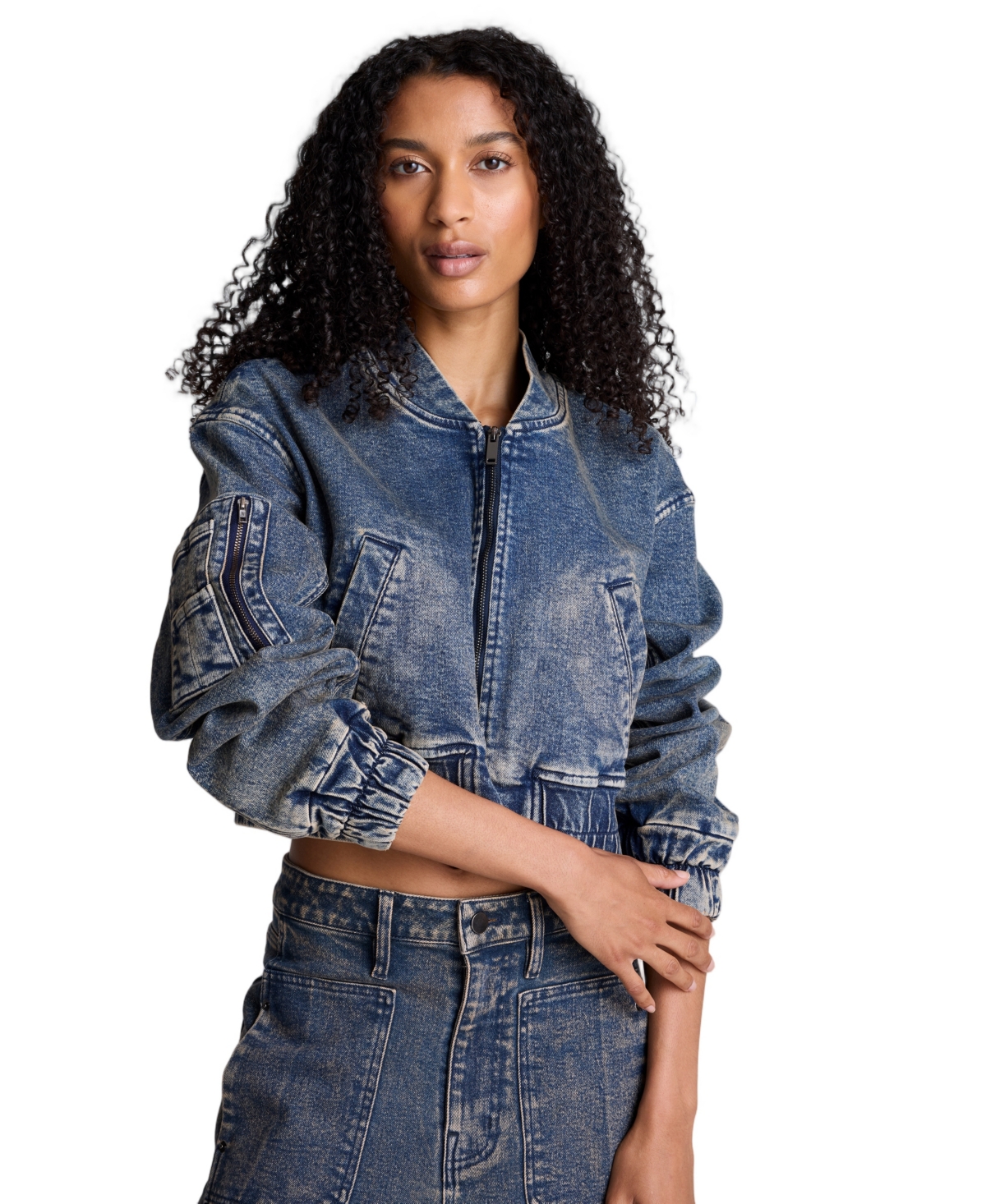 Click here for Kenneth Cole Womens Cropped Zip-Front Denim Bomber... prices