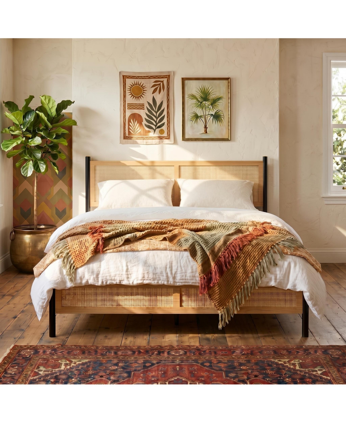 Click here for Gaomon Rattan Bed Frame with woven headboard and f... prices