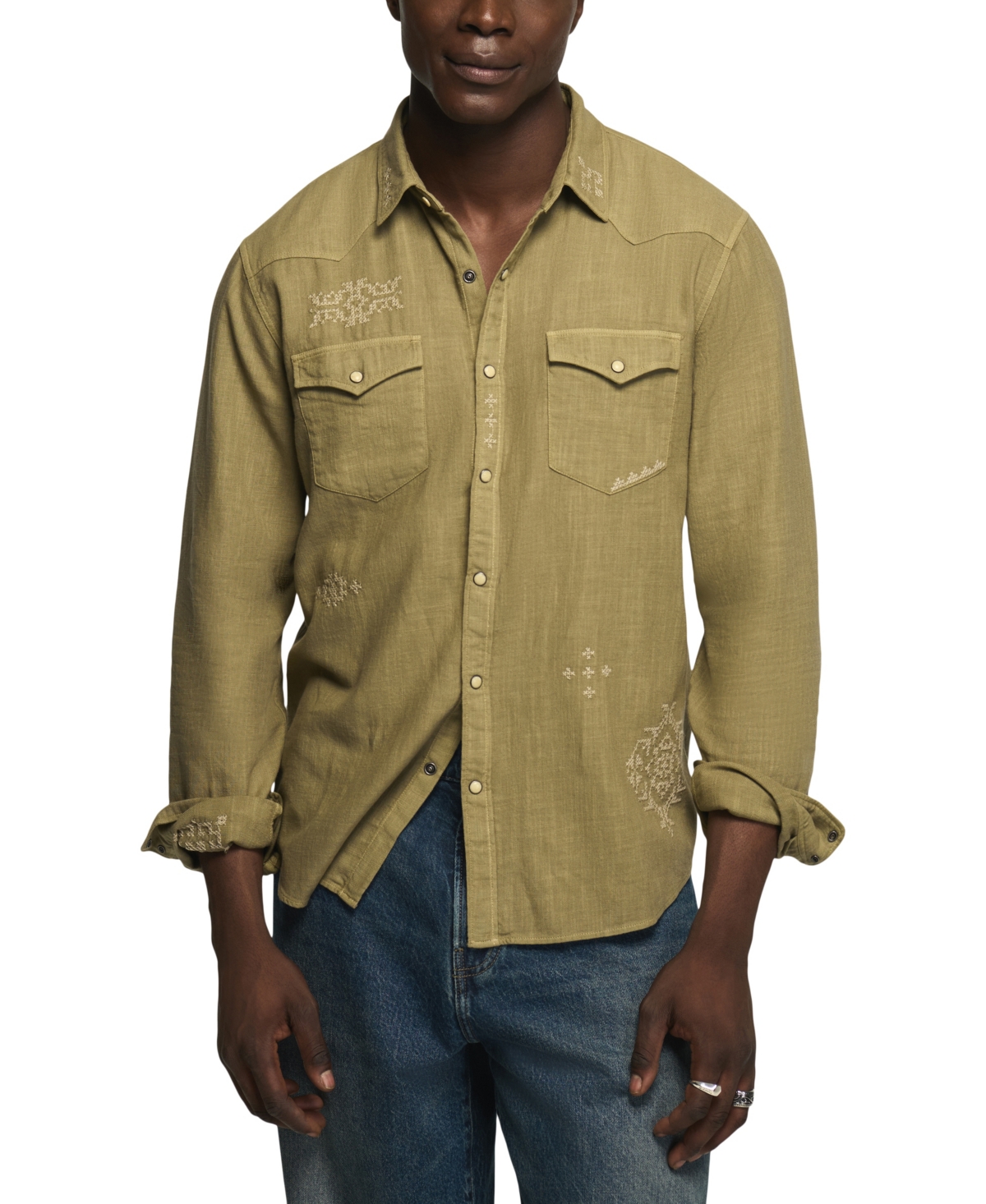 Click here for Lucky Brand Mens Slub Cross Hatch Western Shirt -... prices
