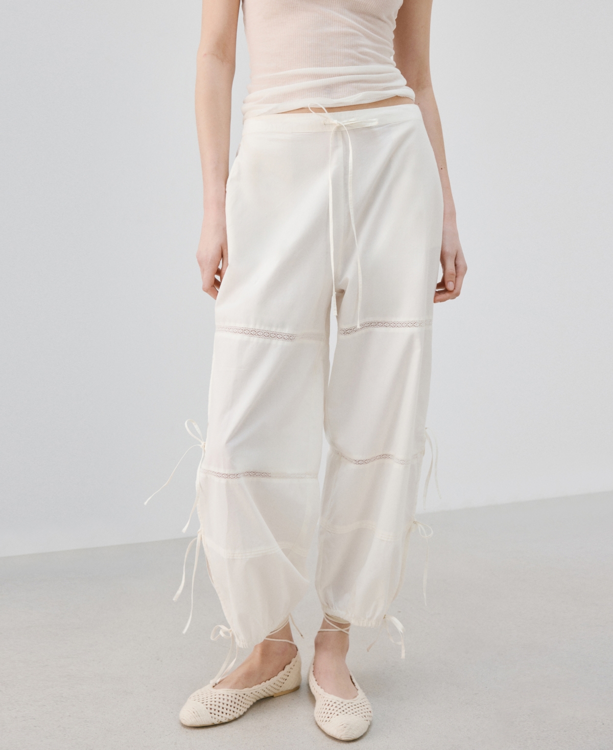 Click here for Mango Womens Bows Baggy Cotton Pants - Ivory White prices