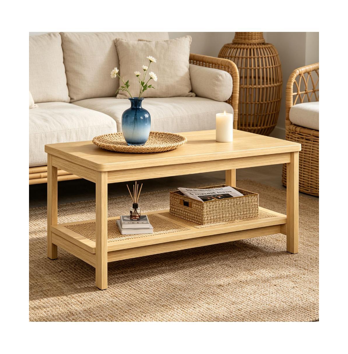 Click here for homfan 39.4 Inch 2 Tier Wooden Table with Rattan S... prices