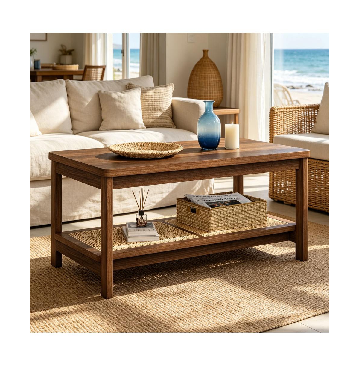 Click here for homfan 39.4 Inch 2 Tier Wooden Table with Rattan S... prices