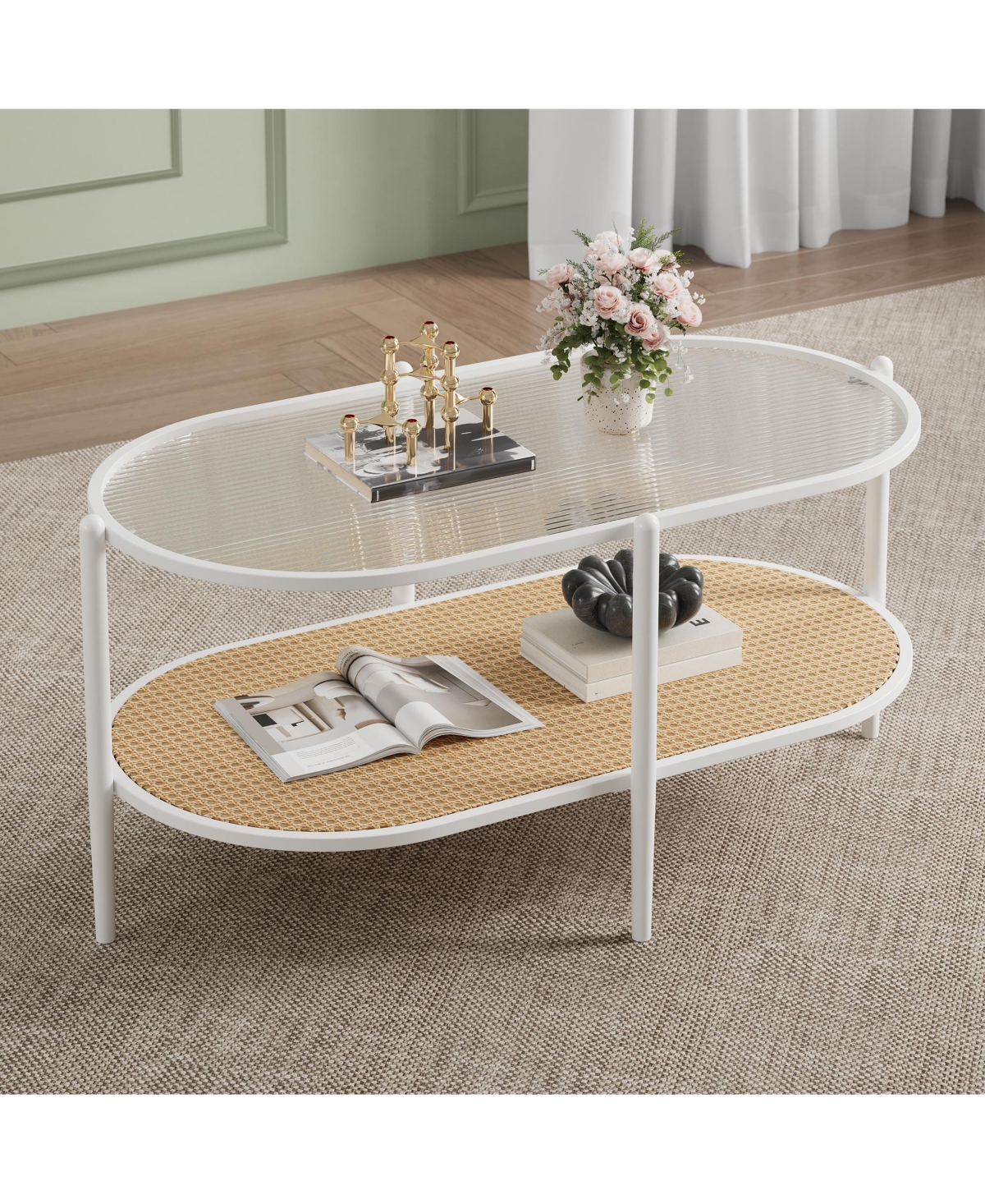 Click here for homfan Oval 2-Tier Coffee Table with Water-Wave Gl... prices