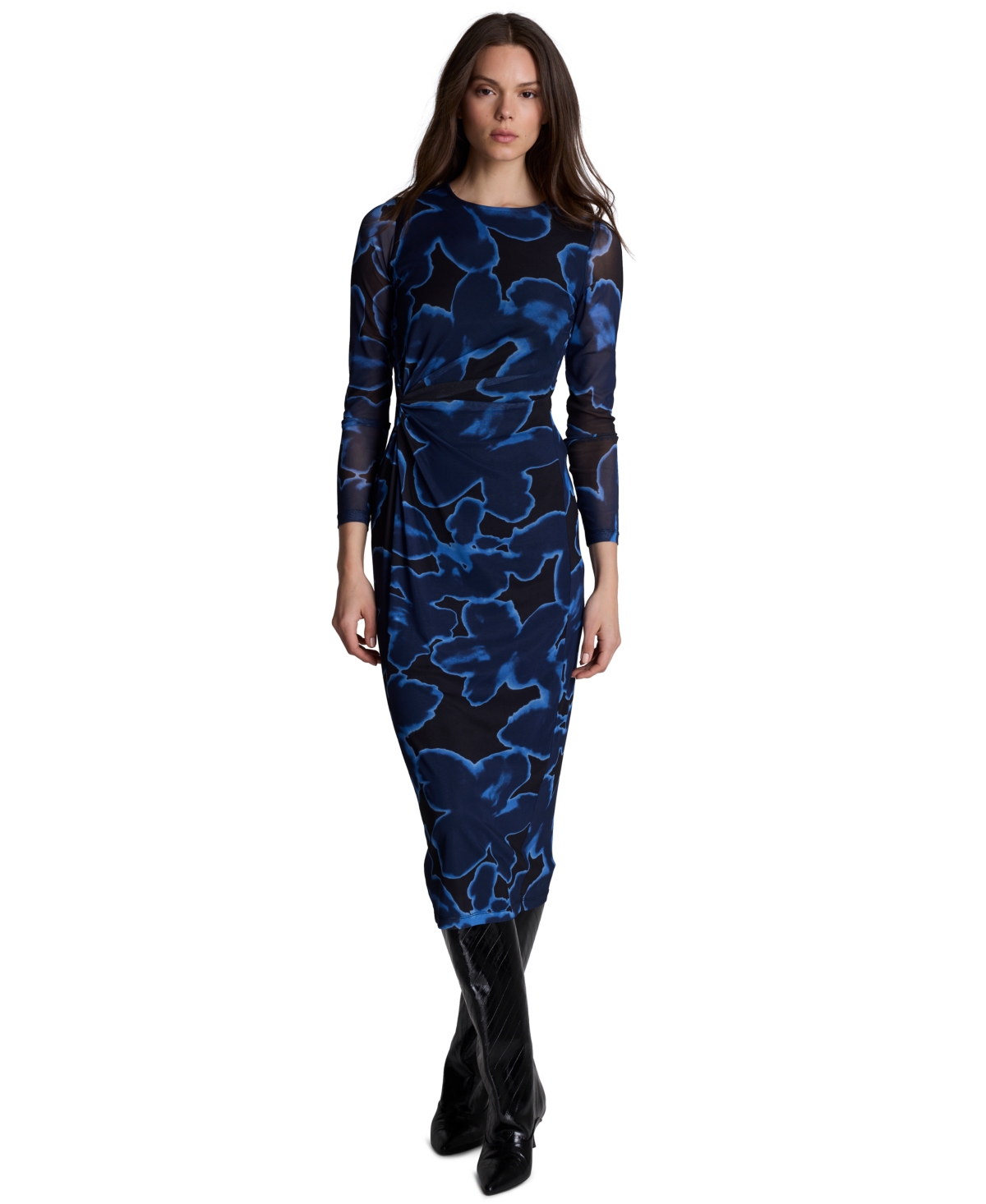 Click here for Kenneth Cole Womens Knot-Front Printed Mesh Midi D... prices