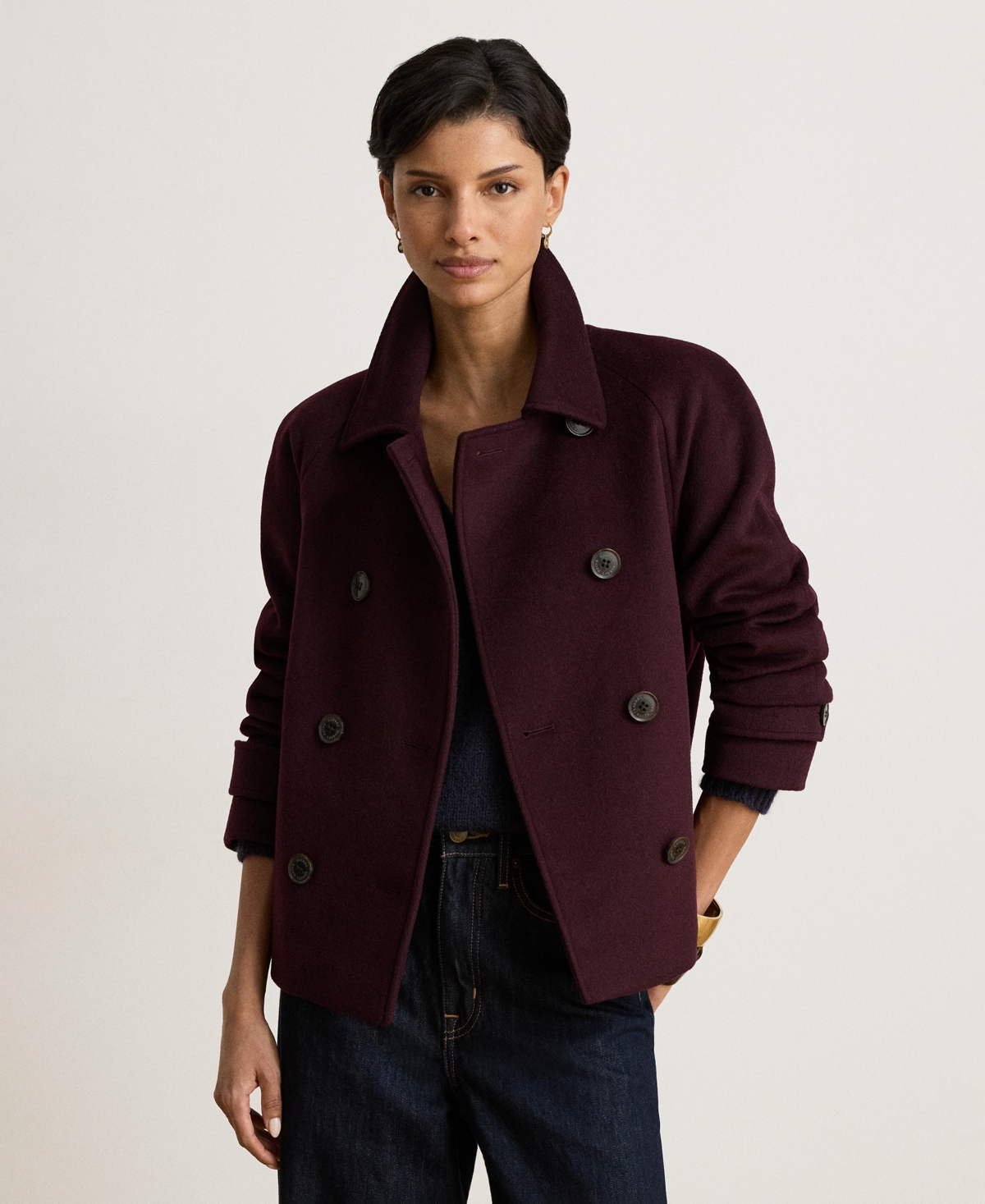 Lauren Ralph Lauren Womens Short Double Breasted Wool Coat - Pinot Noir