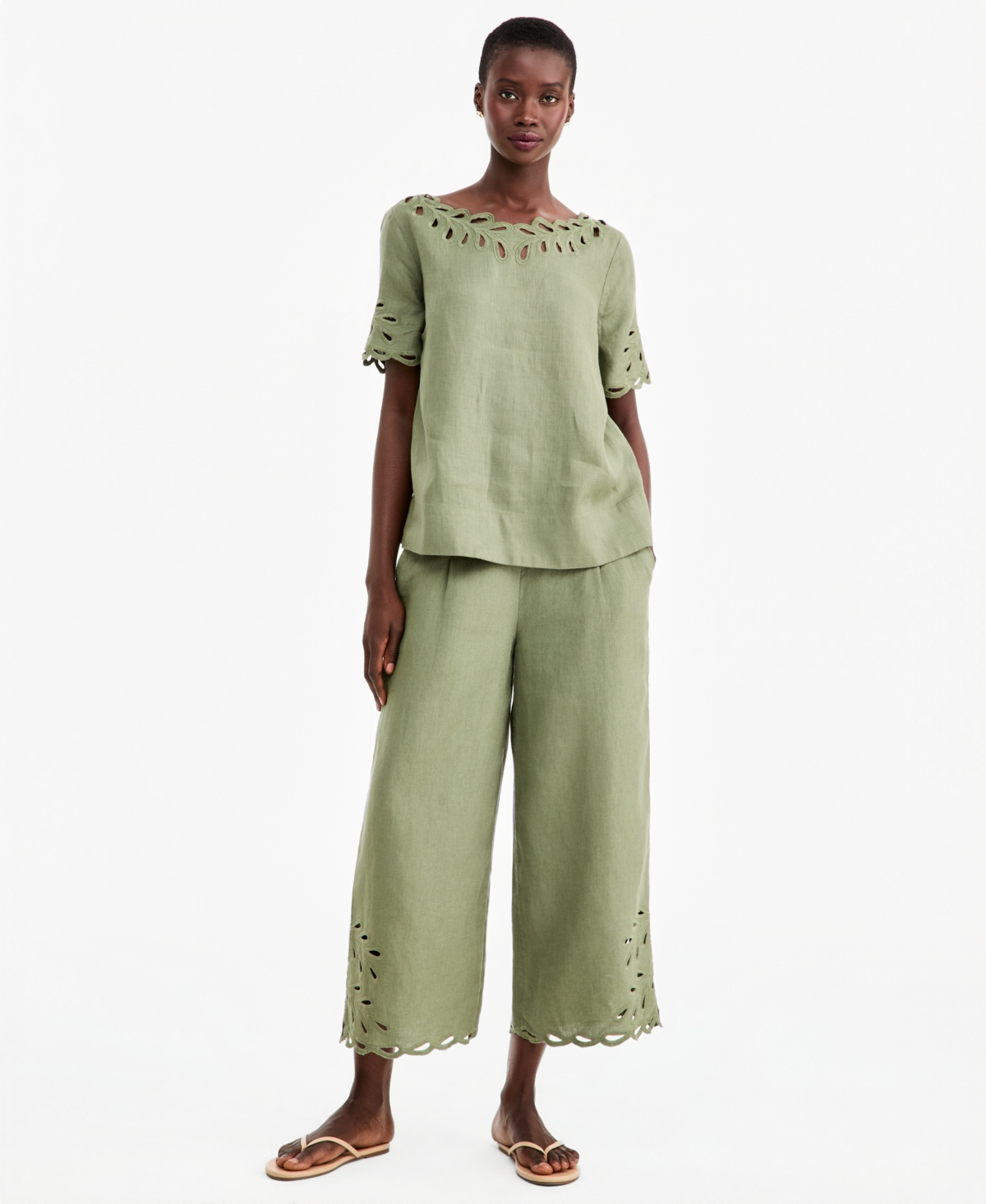 Click here for Charter Club Womens Linen Eyelet-Hem Cropped Wide-... prices