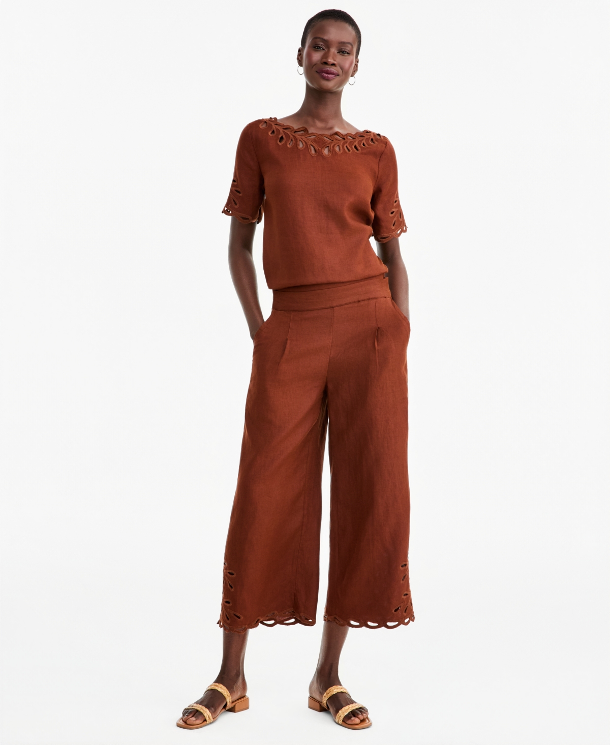 Click here for Charter Club Womens Linen Eyelet-Hem Cropped Wide-... prices