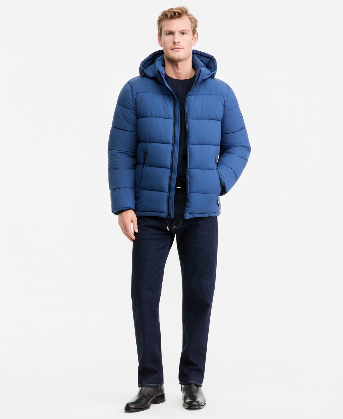 Click here for Dkny Mens Hooded Puffer Jacket - Blue Edge prices