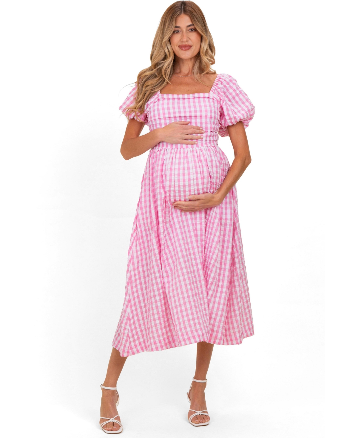 Click here for Pinkblush Maternity Pink Gingham Puff Sleeve Midi... prices