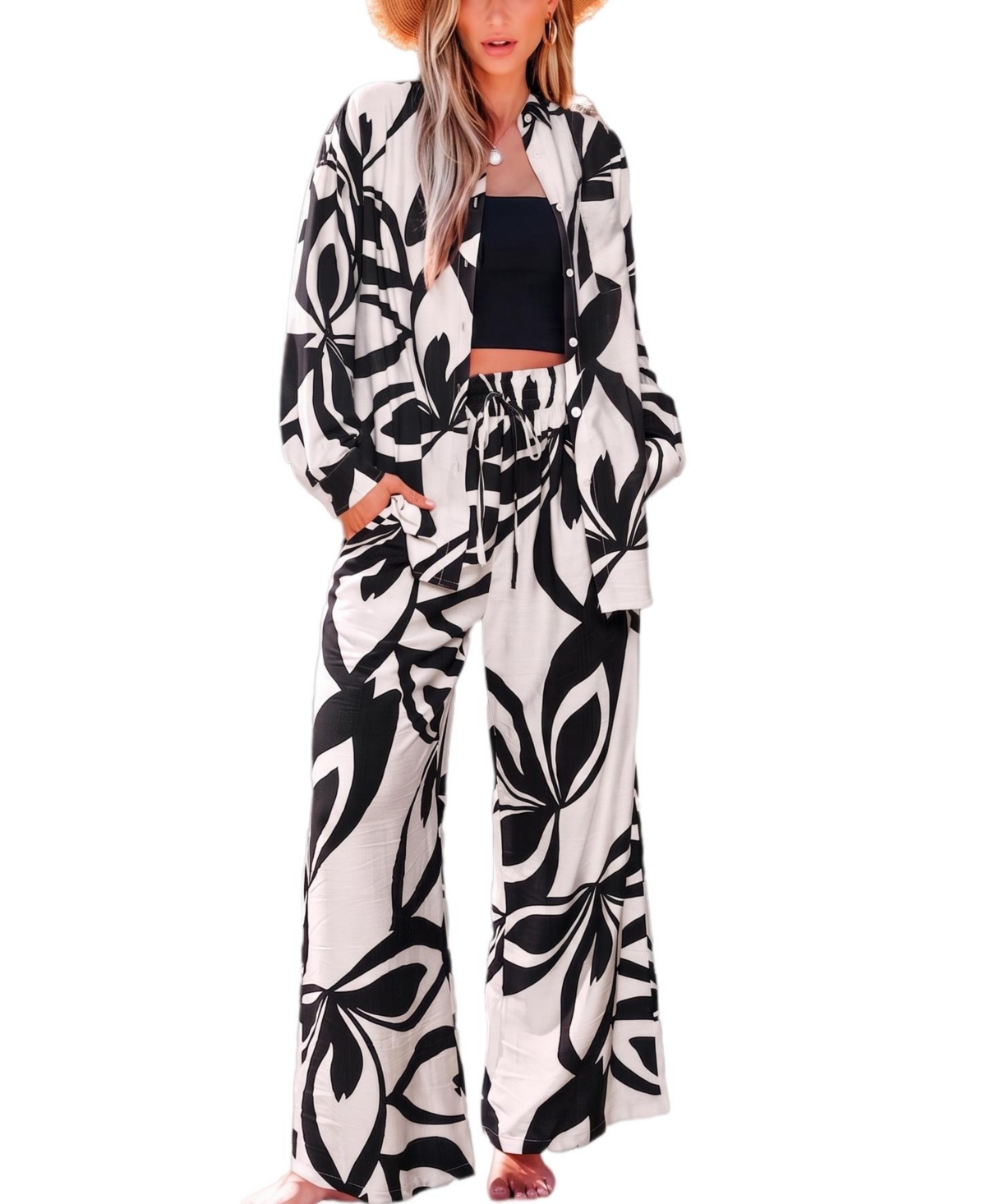 Click here for Cupshe Womens Abstract Leaf Print Button-Down Shir... prices