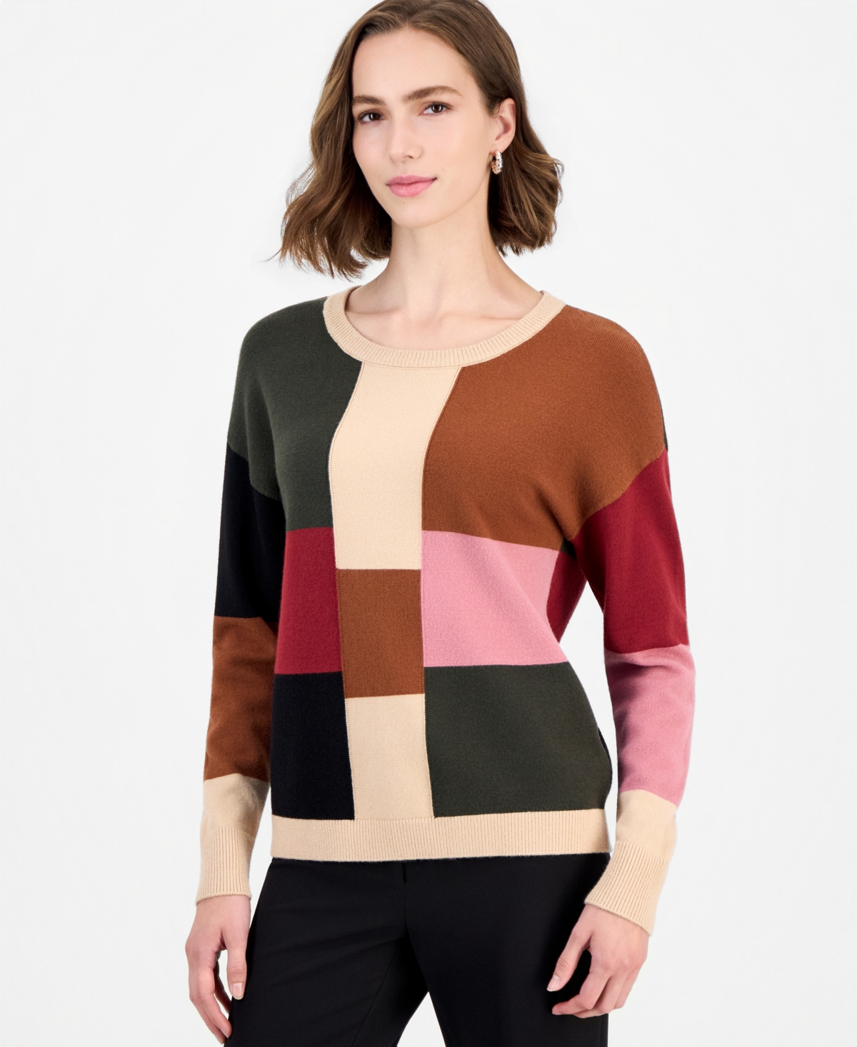 Click here for T Tahari Womens Colorblock Crewneck Long-Sleeve Pu... prices