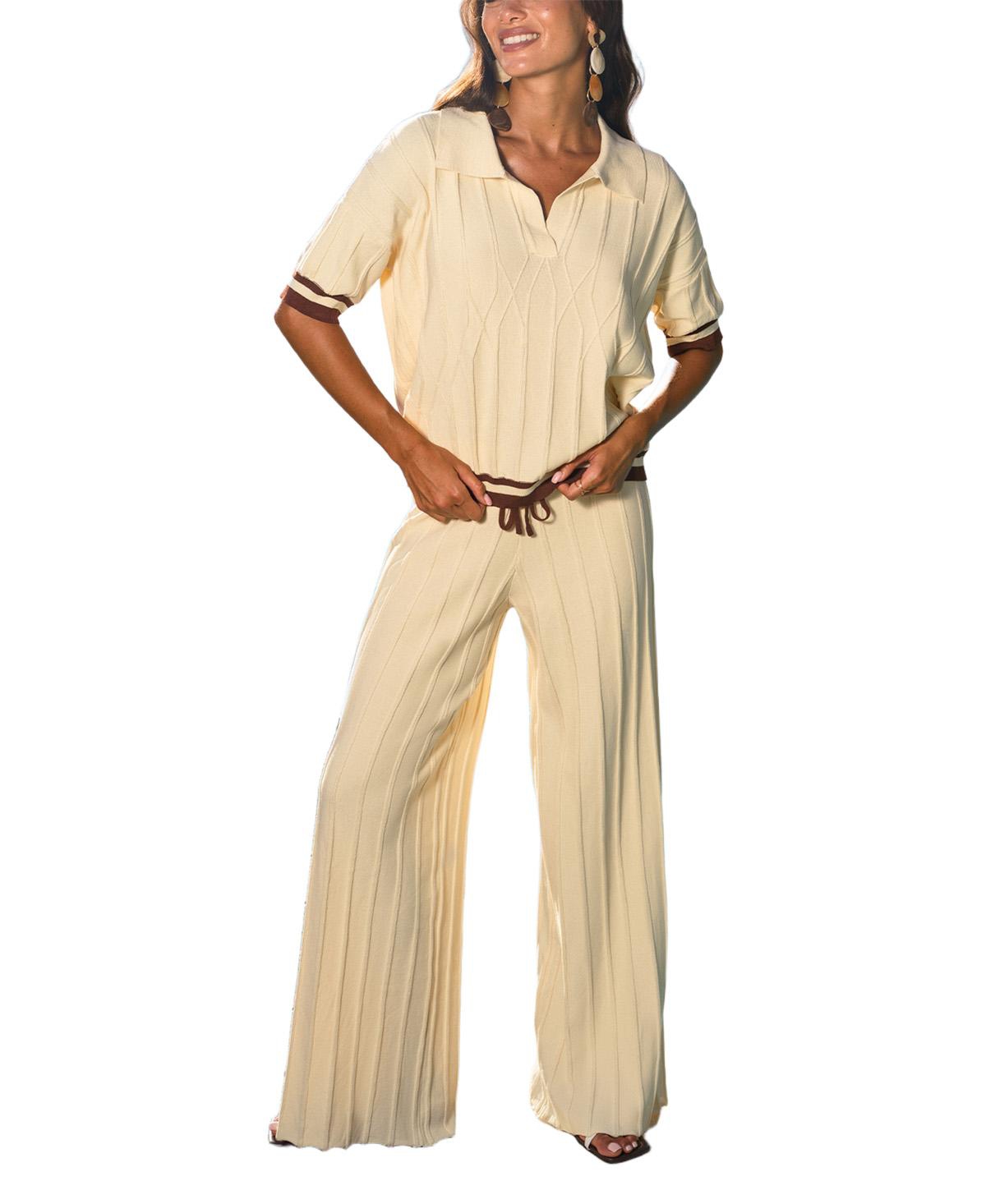 Click here for Cupshe Womens Cream Ribbed Knit Polo Top and Wide... prices