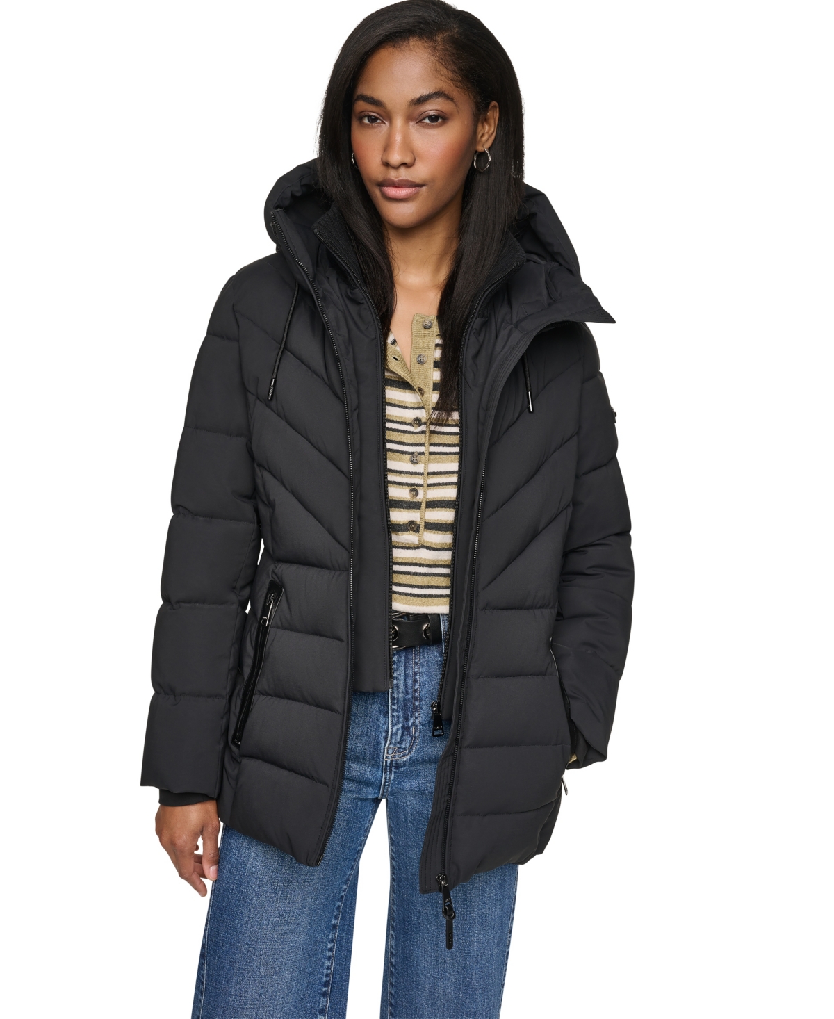 Click here for Dkny Womens Bibbed Knit Collar Puffer Coat - Black prices