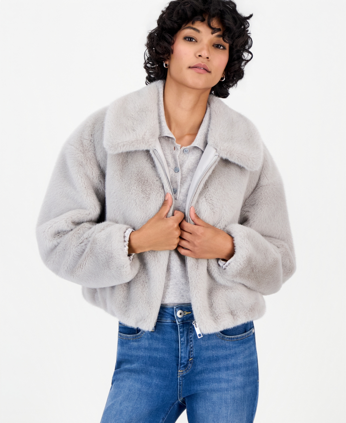 Click here for CeCe Petite Faux Fur Bomber Jacket - Dk Ecru prices