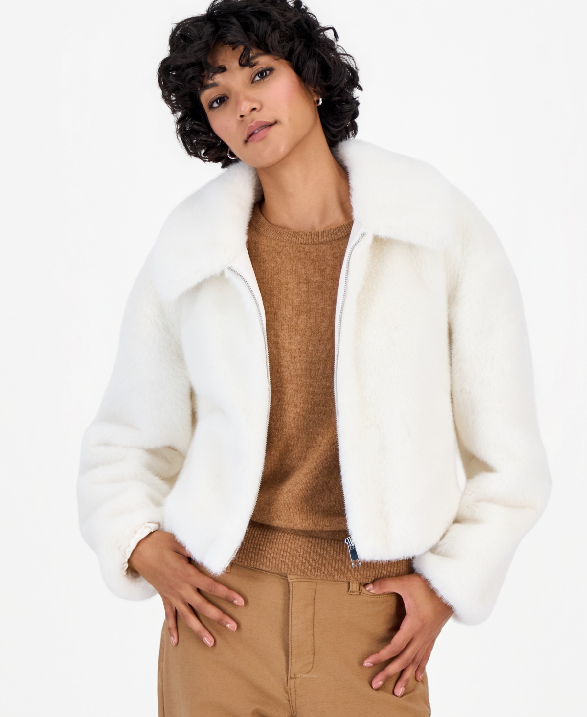 Click here for CeCe Petite Faux Fur Bomber Jacket - Ivory prices