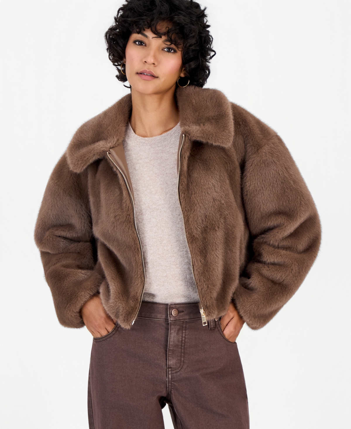 Click here for CeCe Petite Faux Fur Bomber Jacket - Mocha prices