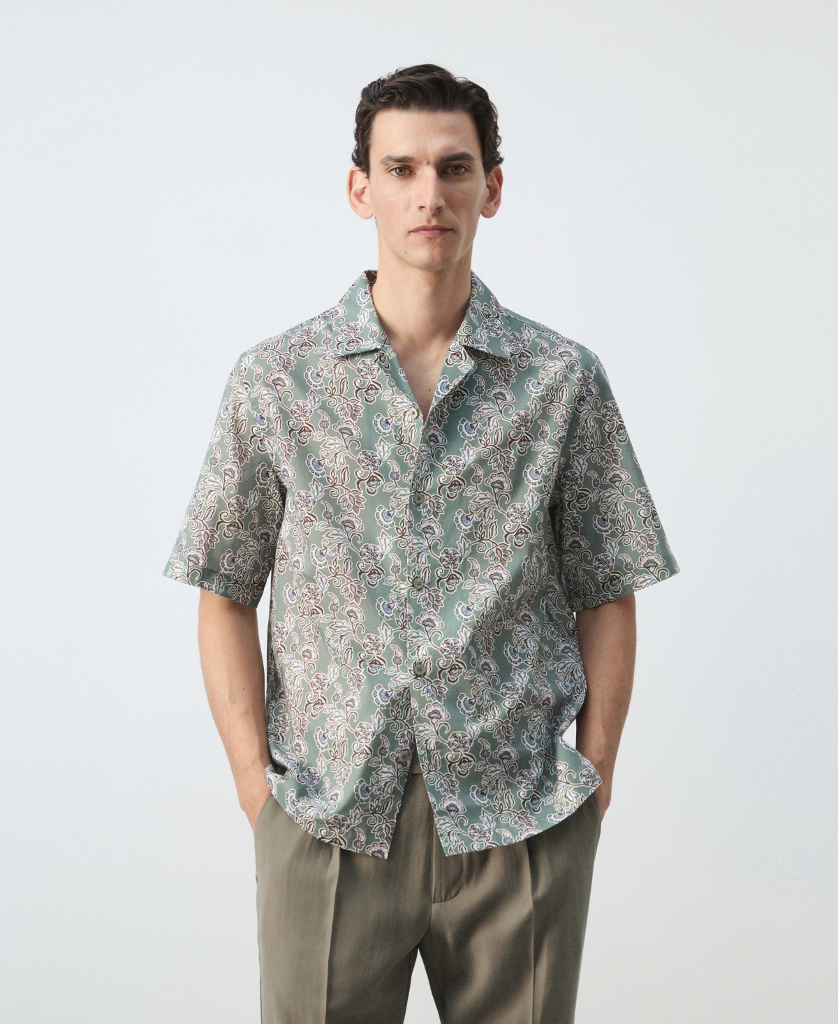 Click here for Mango Mens Cotton Bowling-Collar Shirt - Forest Gr... prices
