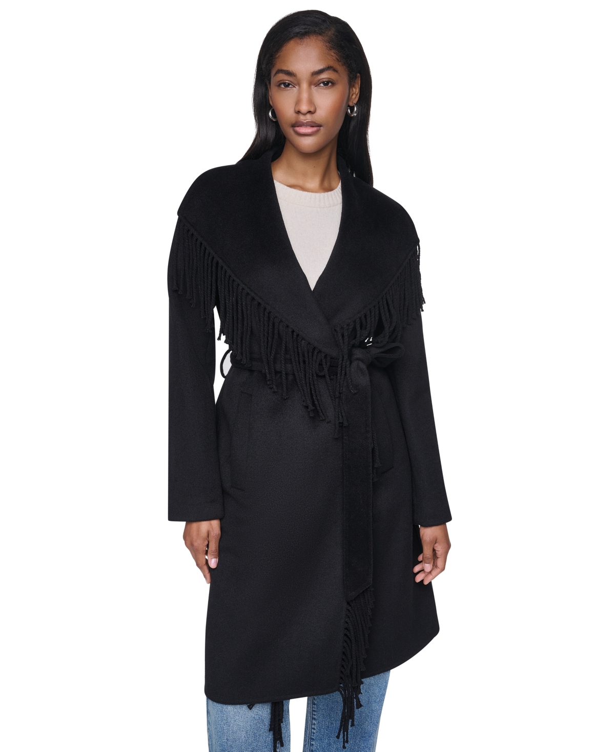 Click here for Dkny Womens Double Faced Fringe Wrap Coat - Black prices