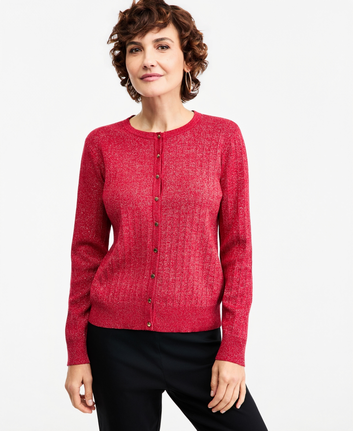 Click here for Jm Collection Womens Long-Sleeve Crewneck Pointell... prices