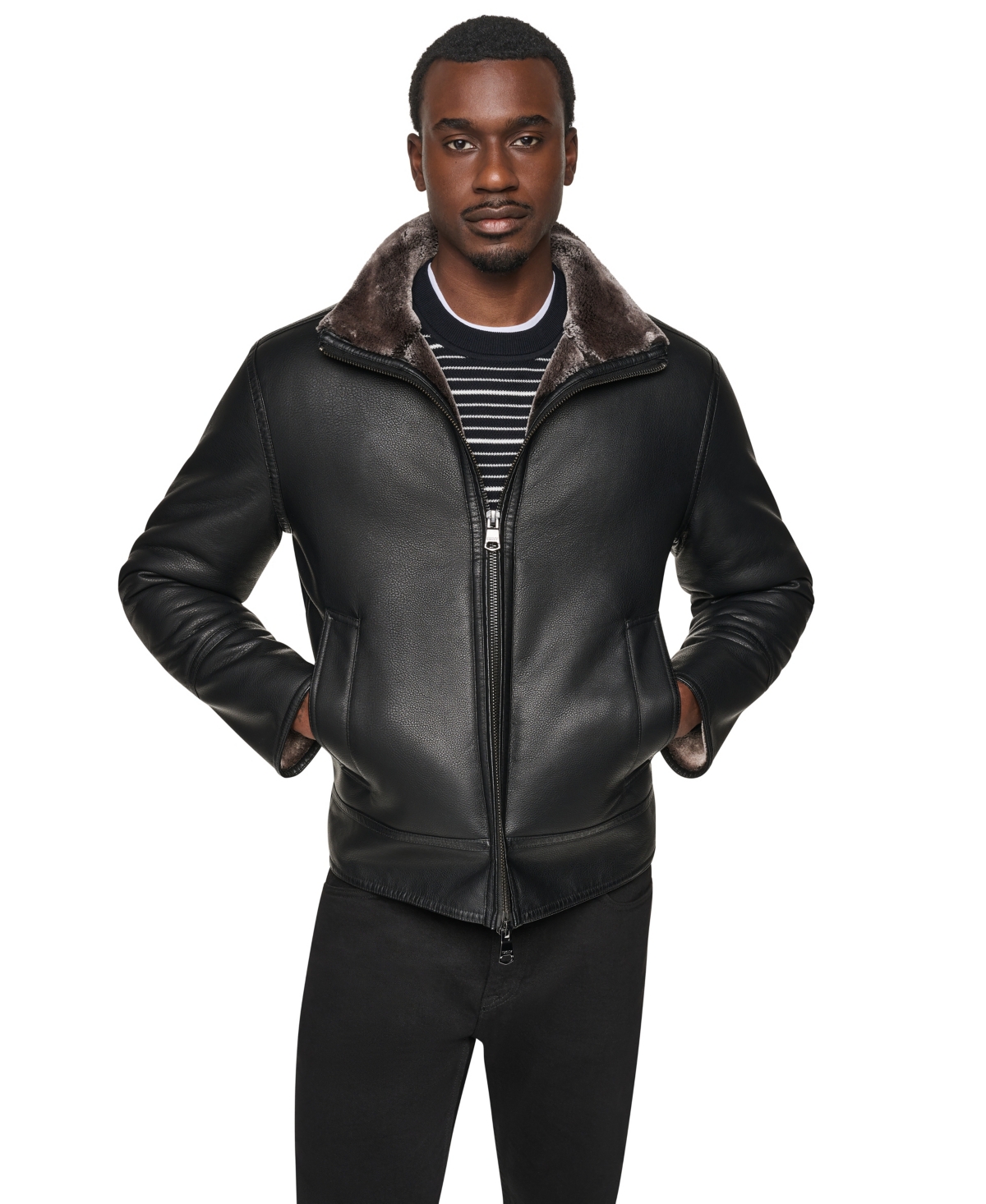 Click here for Dkny Mens Lined Shearling Jacket - Black prices