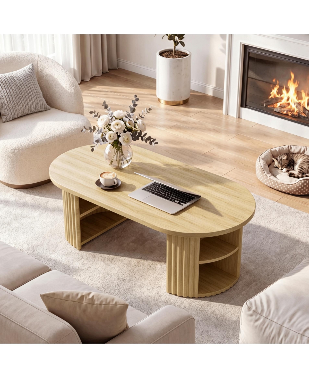 Click here for gaomon 39 Oval Fluted Coffee Table  Farmhouse Wood... prices