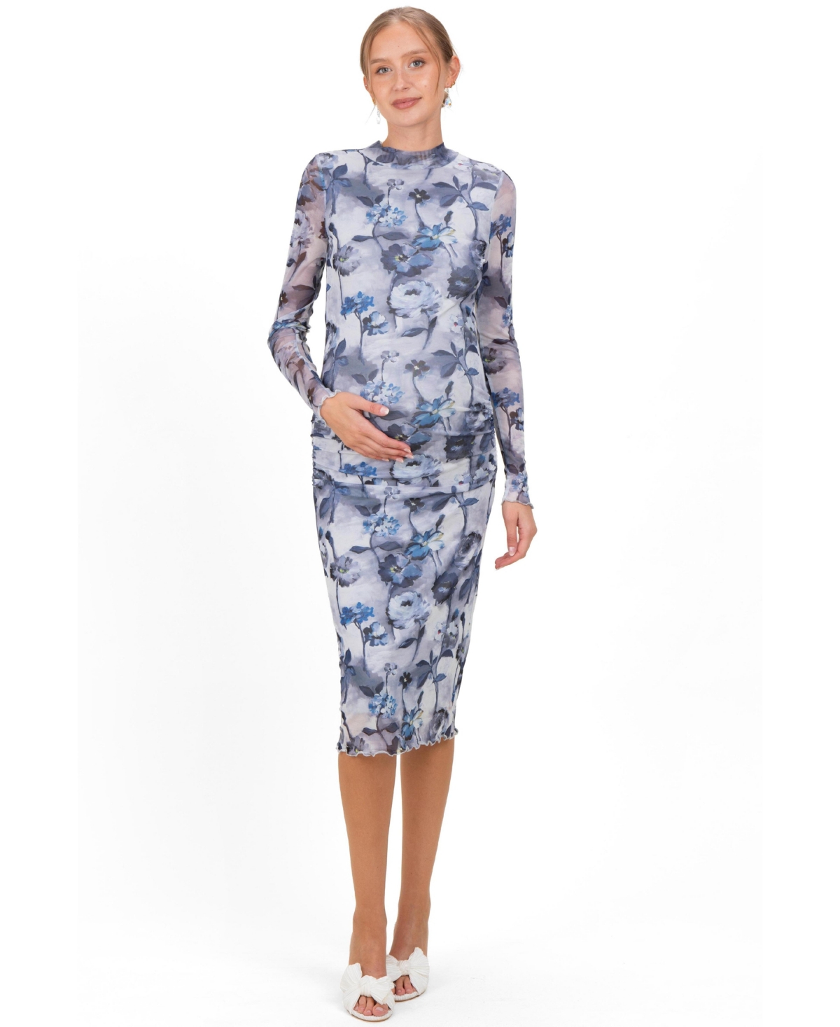 Click here for Pinkblush Womens Blue Floral Mesh Long Sleeve Midi... prices