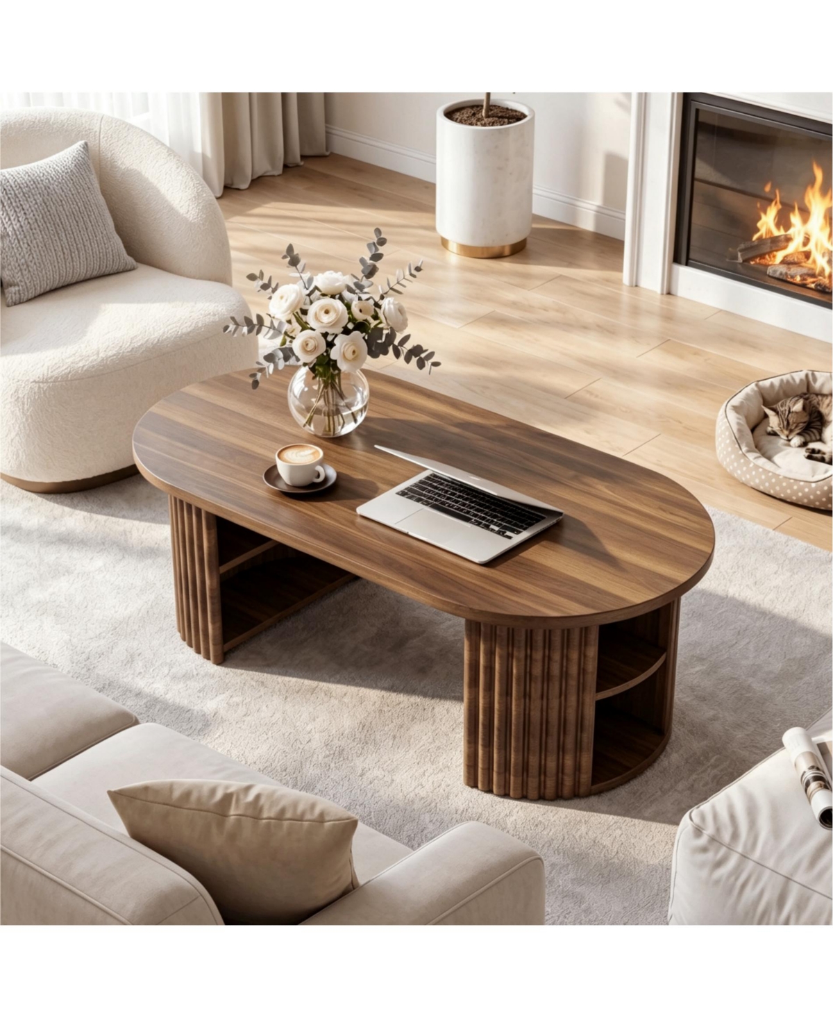 Click here for gaomon 39 Oval Fluted Coffee Table  Farmhouse Wood... prices
