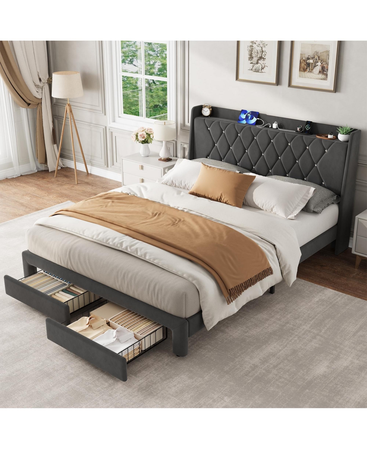 Click here for homfan Velvet Upholstered Platform Bed Frame with... prices