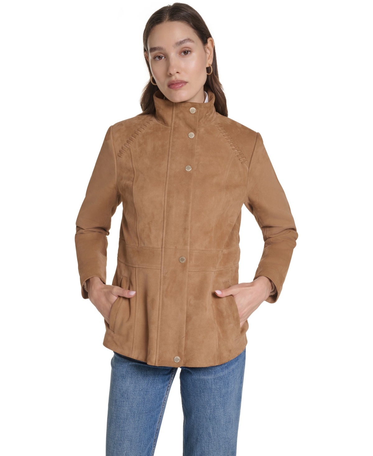 Click here for Cole Haan Womens Suede Zip Up Jacket with Stitch D... prices