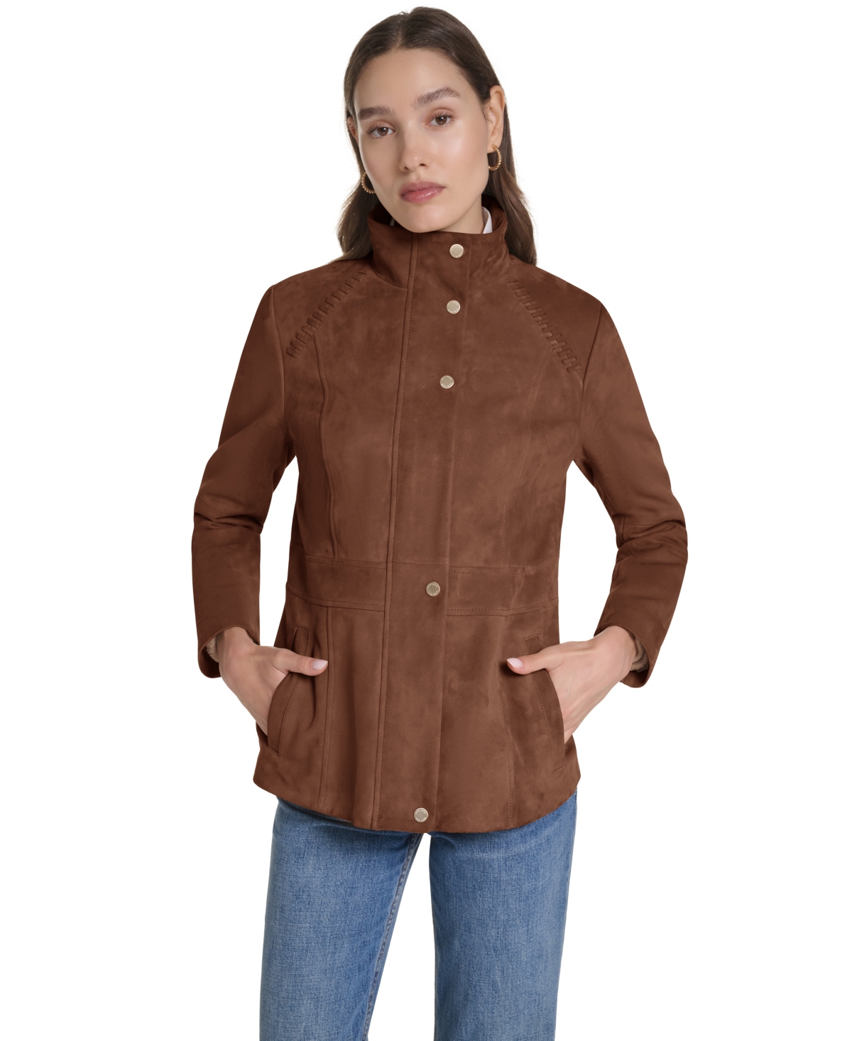 Click here for Cole Haan Womens Suede Zip Up Jacket with Stitch D... prices