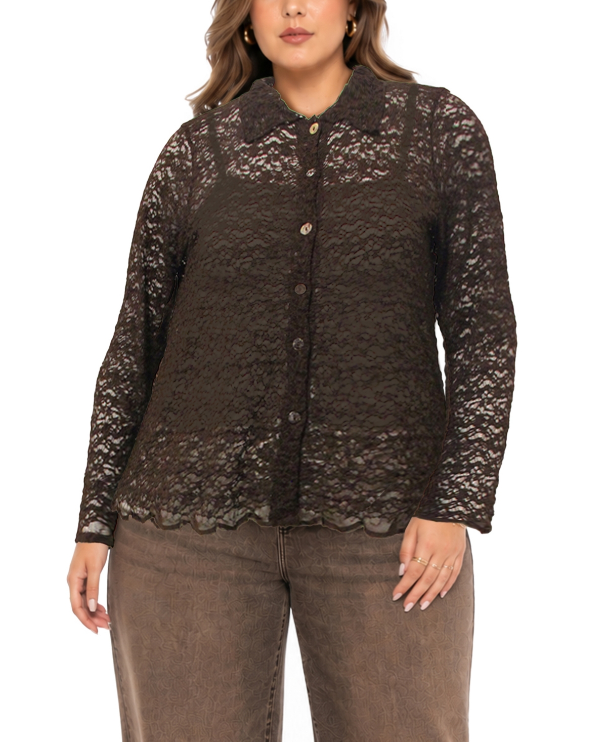 Click here for Coin 1804 Plus Size Floral Edge Lace Button-Front... prices