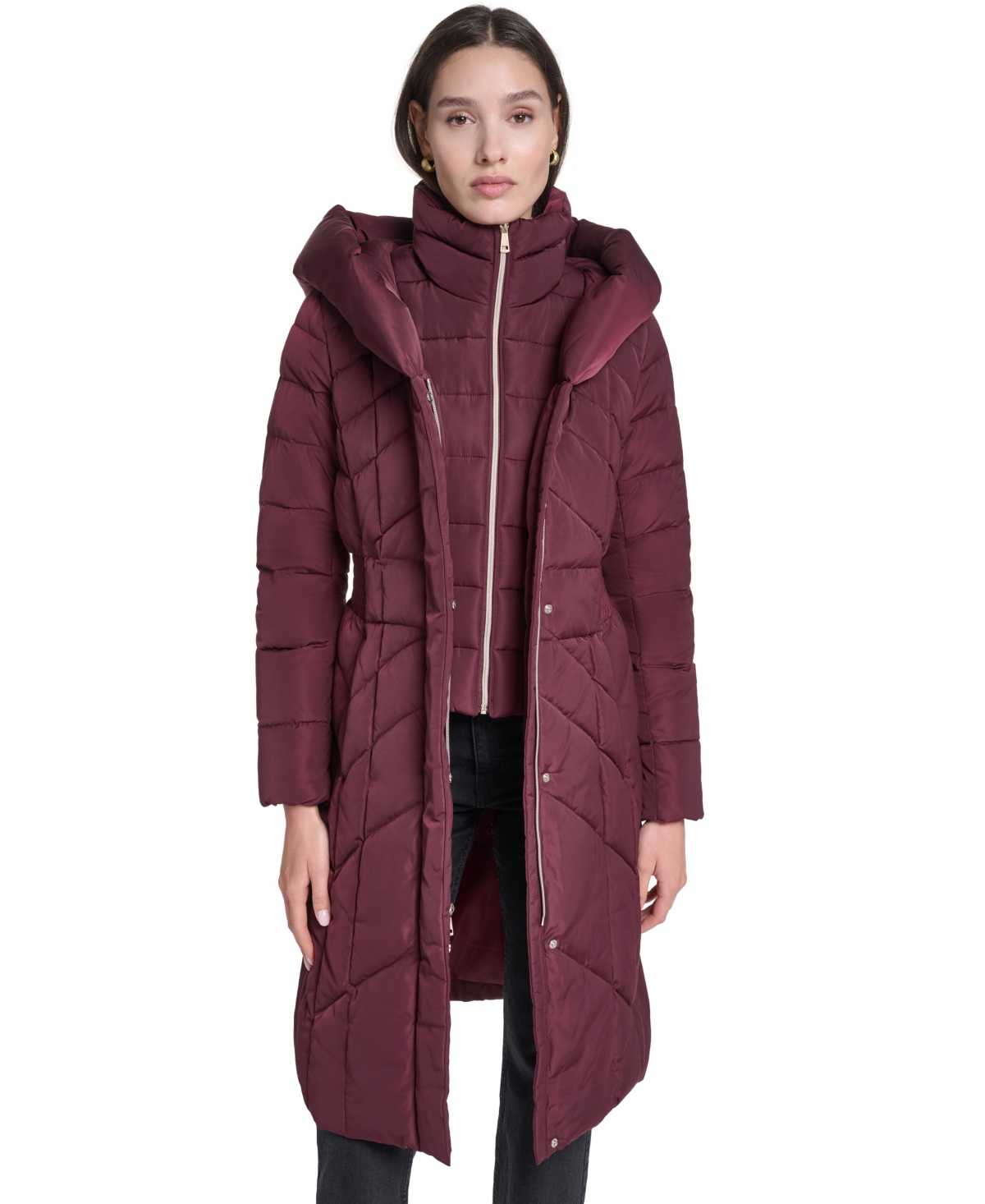 Click here for Cole Haan Womens Bibbed Hooded Puffer Coat - Burgu... prices