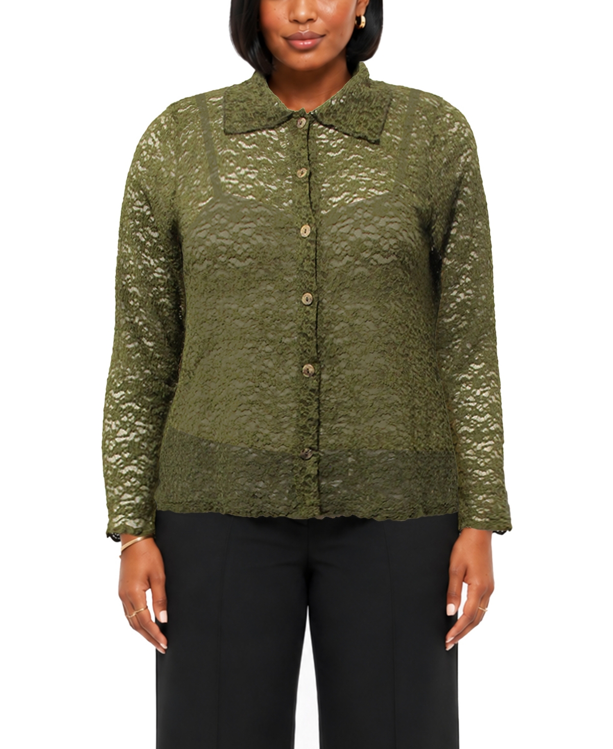 Click here for Coin 1804 Plus Size Floral Edge Lace Button-Front... prices