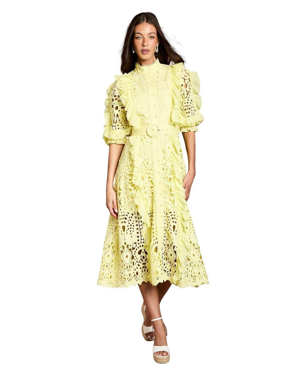 Click here for Coast Womens Lace-Ruffle Belted Midi Dress - Yello... prices