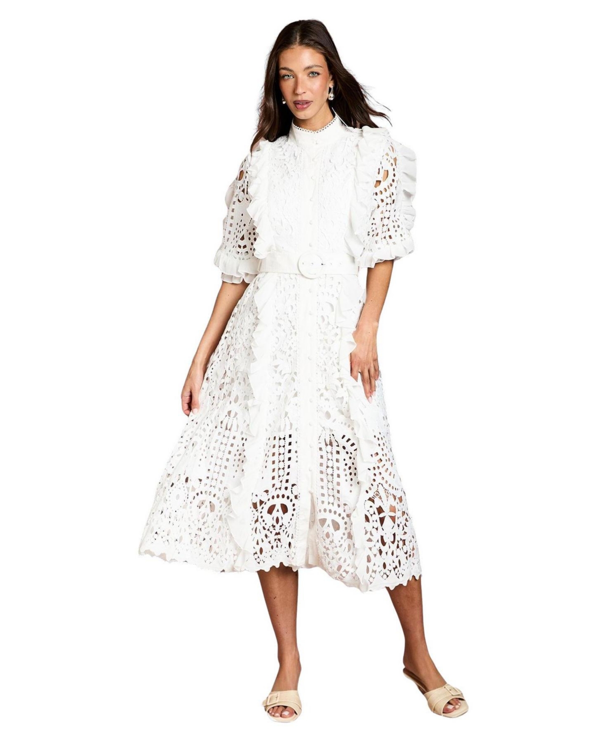 Click here for Coast Womens Lace-Ruffle Belted Midi Dress - White prices