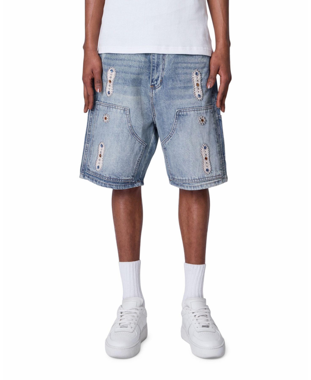 Click here for mnml Mens Double Western Jewel Denim Shorts - Blue prices