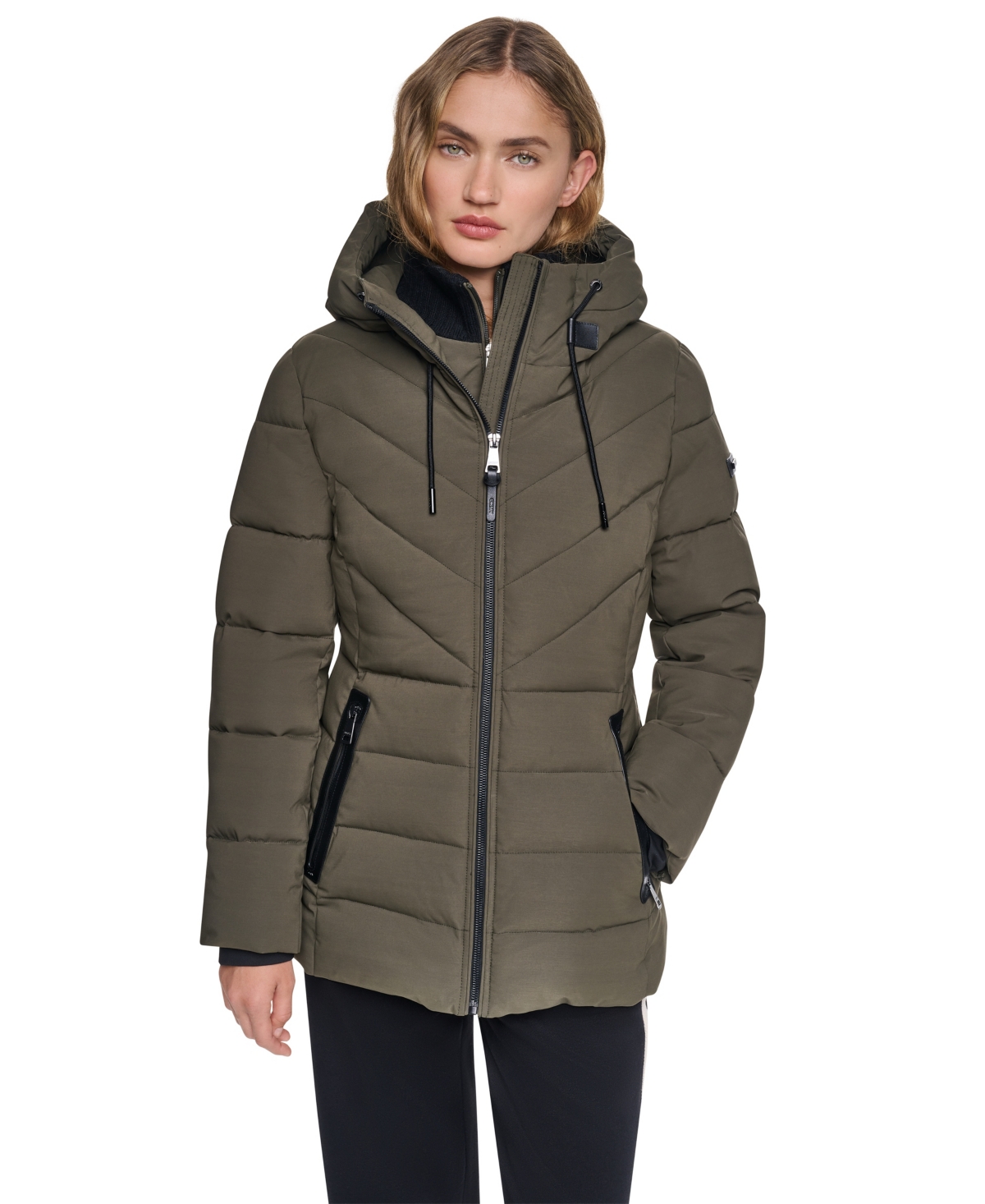 Click here for Dkny Womens Bibbed Knit Collar Puffer Coat - Loden prices