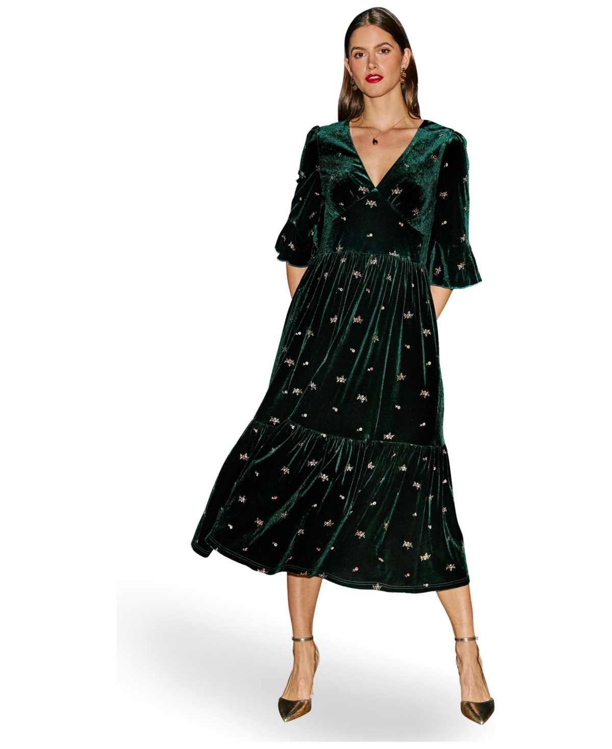 Click here for Yumi Womens Velvet Embroidered V-Neck Midi Dress -... prices