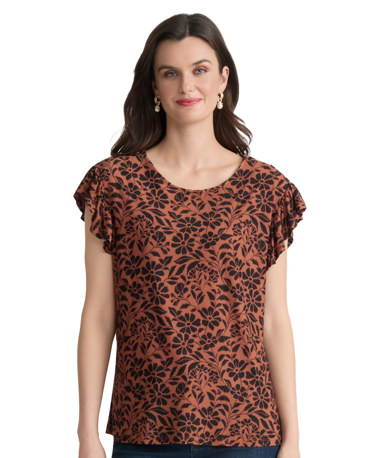 Click here for Jones New York Womens Printed Flutter-Sleeve Top -... prices