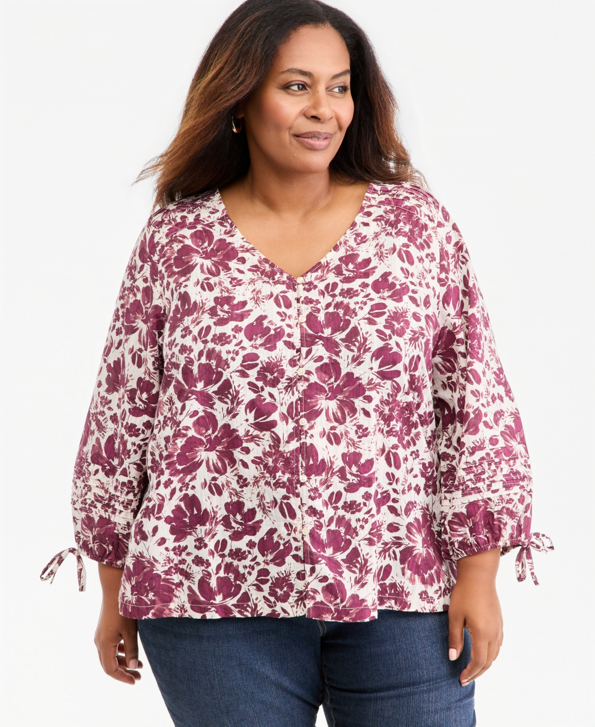 Click here for Style & Co Plus Size Printed V-Neck 3/4-Sleeve Top... prices