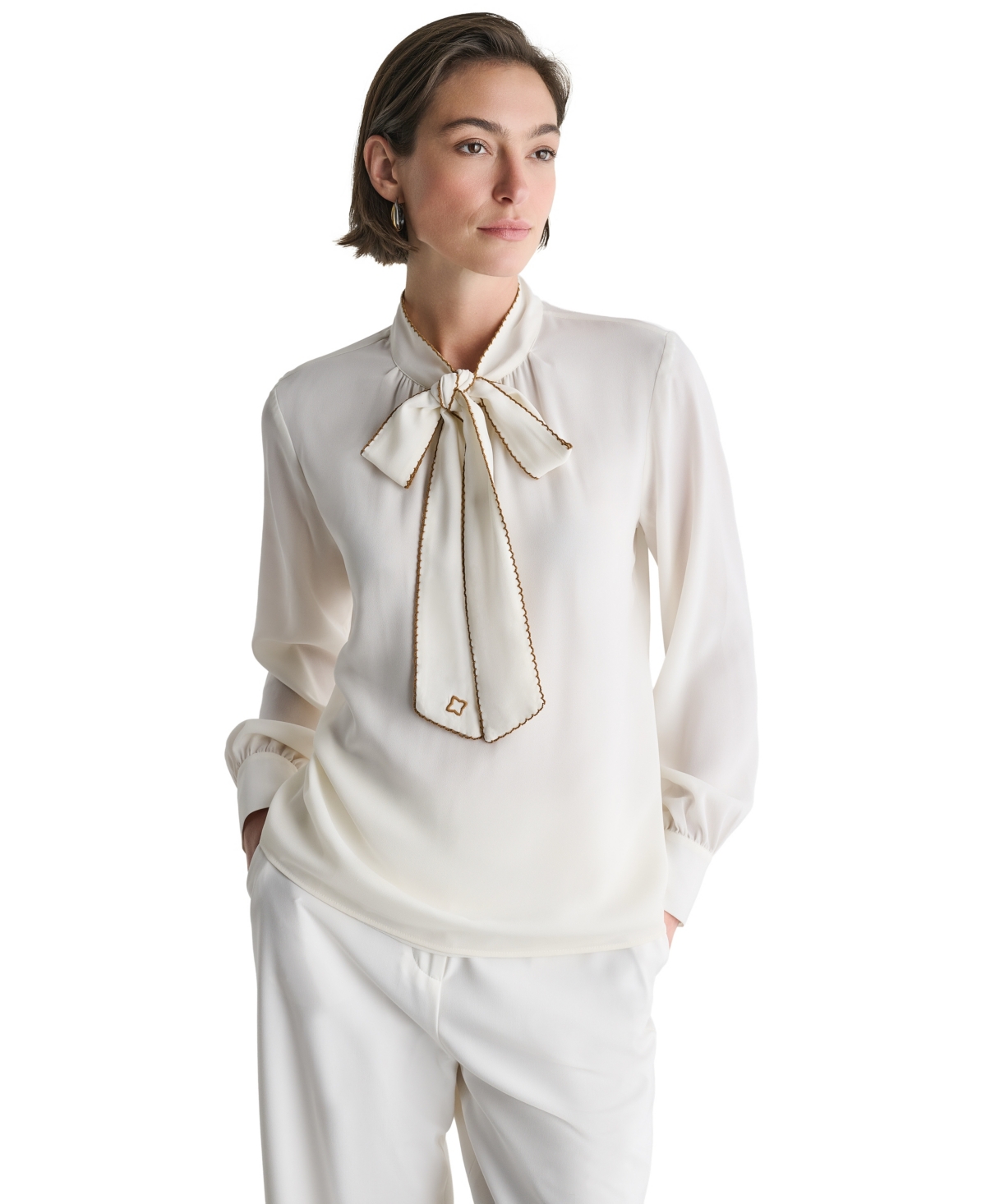 Click here for Bcbg Womens Tie Neck Long-Sleeve Blouse - Whisper... prices