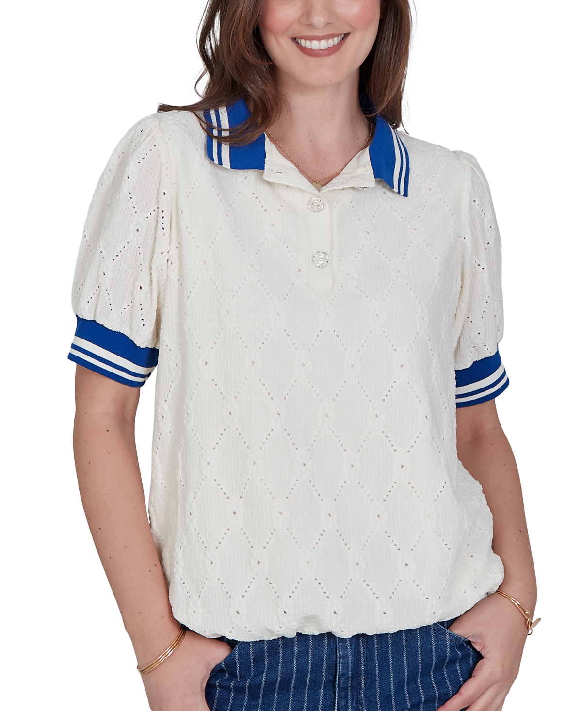 Click here for Ruby Rd. Petite Diamond Eyelet Bubble Hem Top - Iv... prices