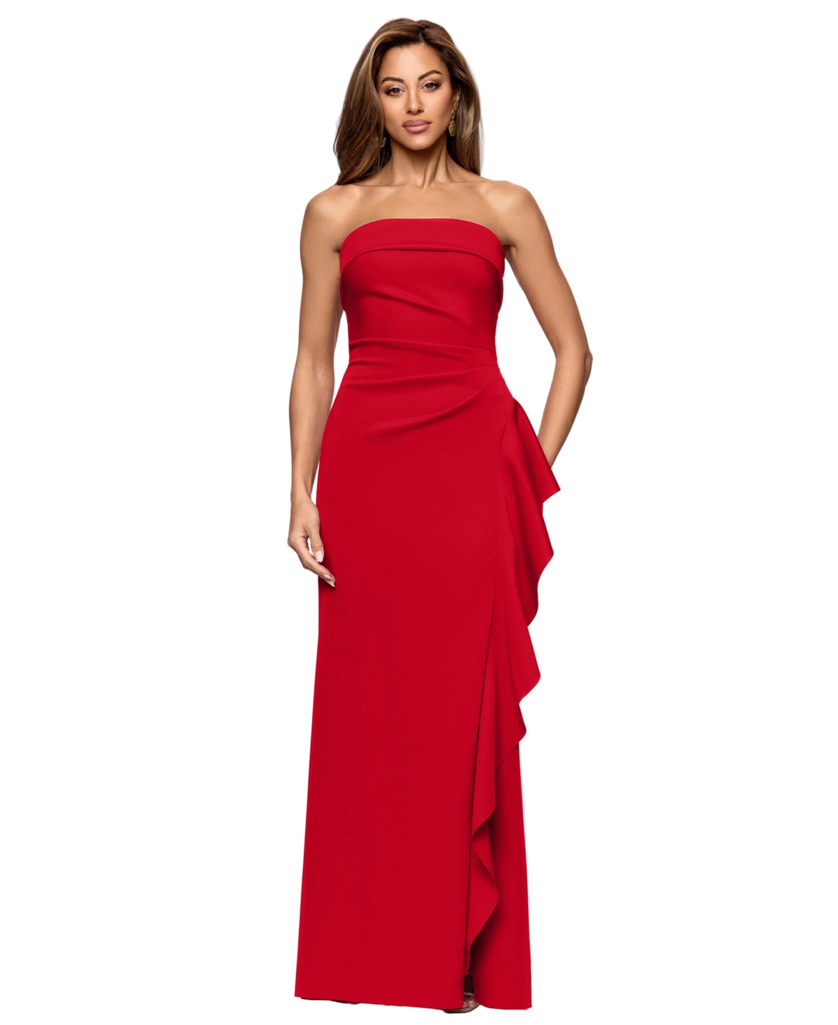 Click here for Xscape Petite Strapless Ruffle Sheath Gown - Red prices