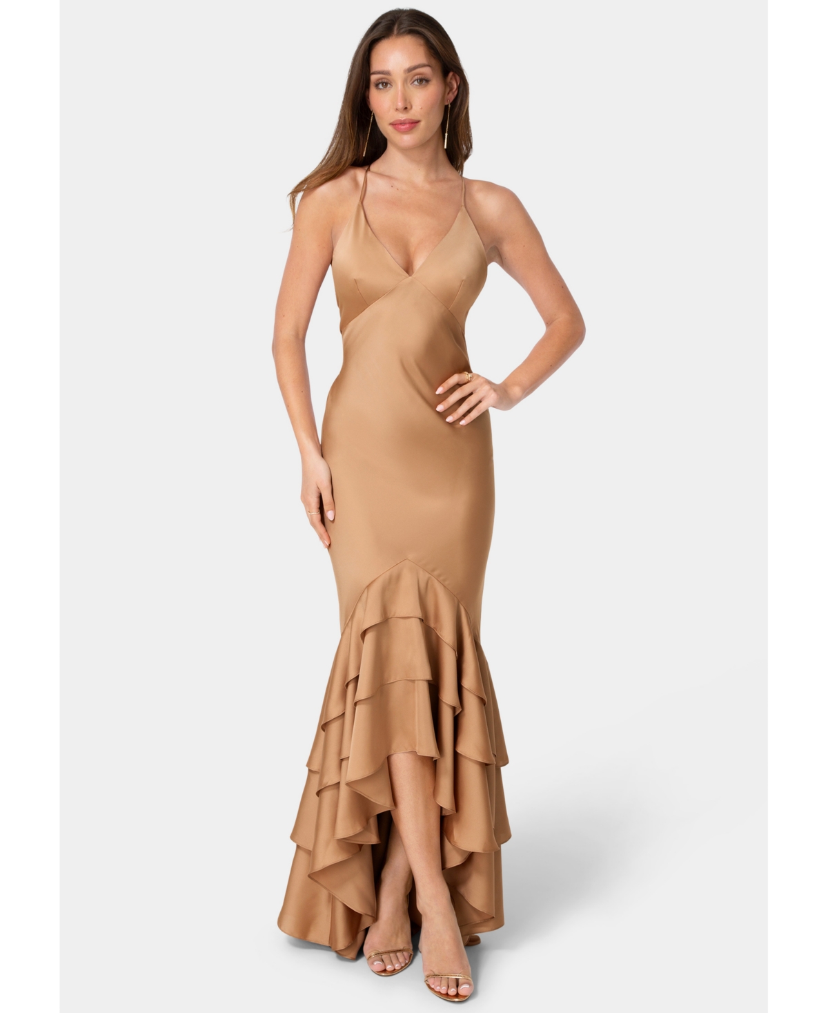 Click here for Bebe Womens High-Low Tiered V-Neck Gown - Mocha prices